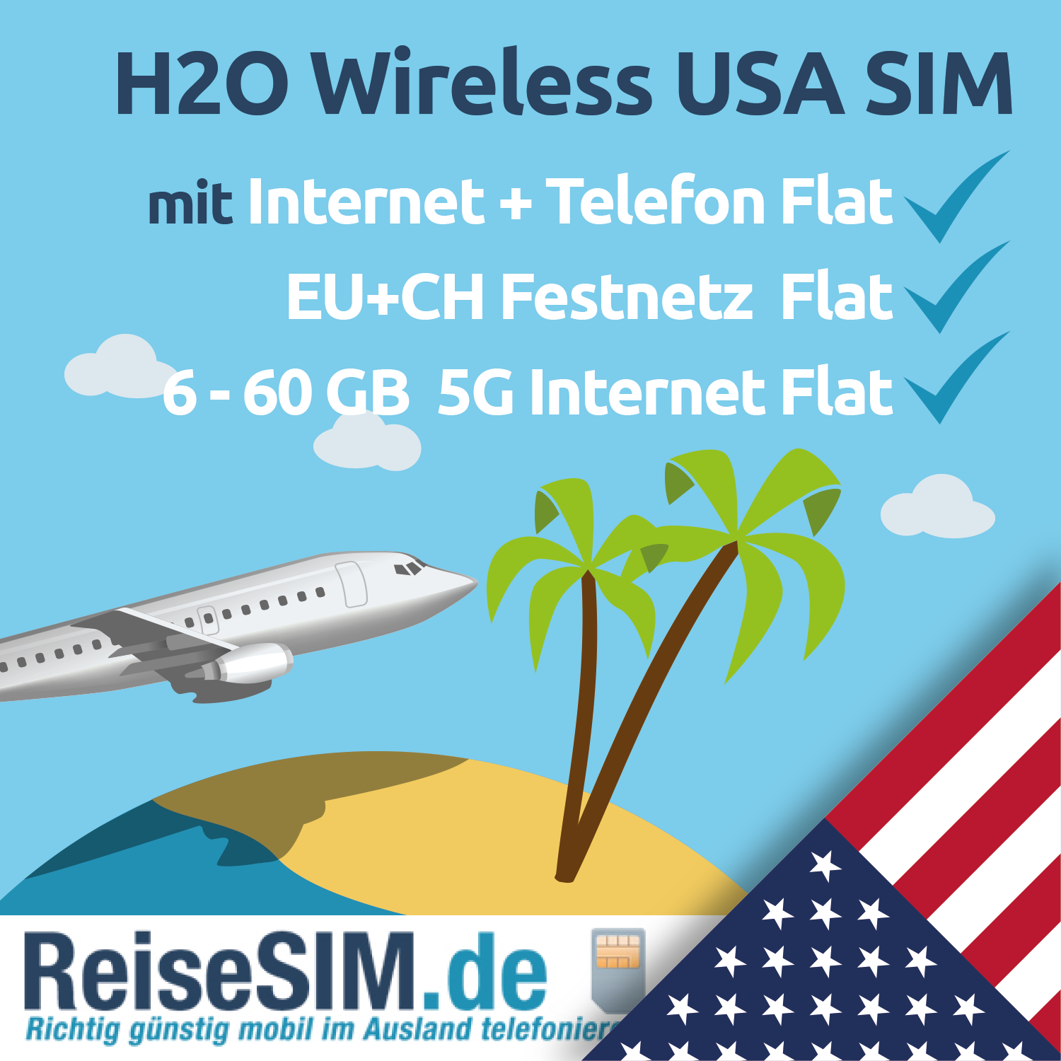 H2O Wireless S USA Prepaid SIM-Karte 6 GB Internet, Telefon Flat nach ...